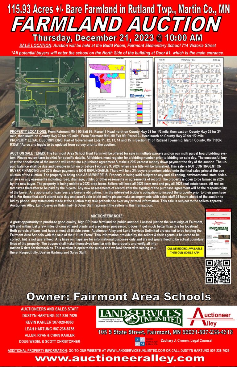 SOLD! Bare Farmland Auction in Martin County, MN - Land Services Unlimited